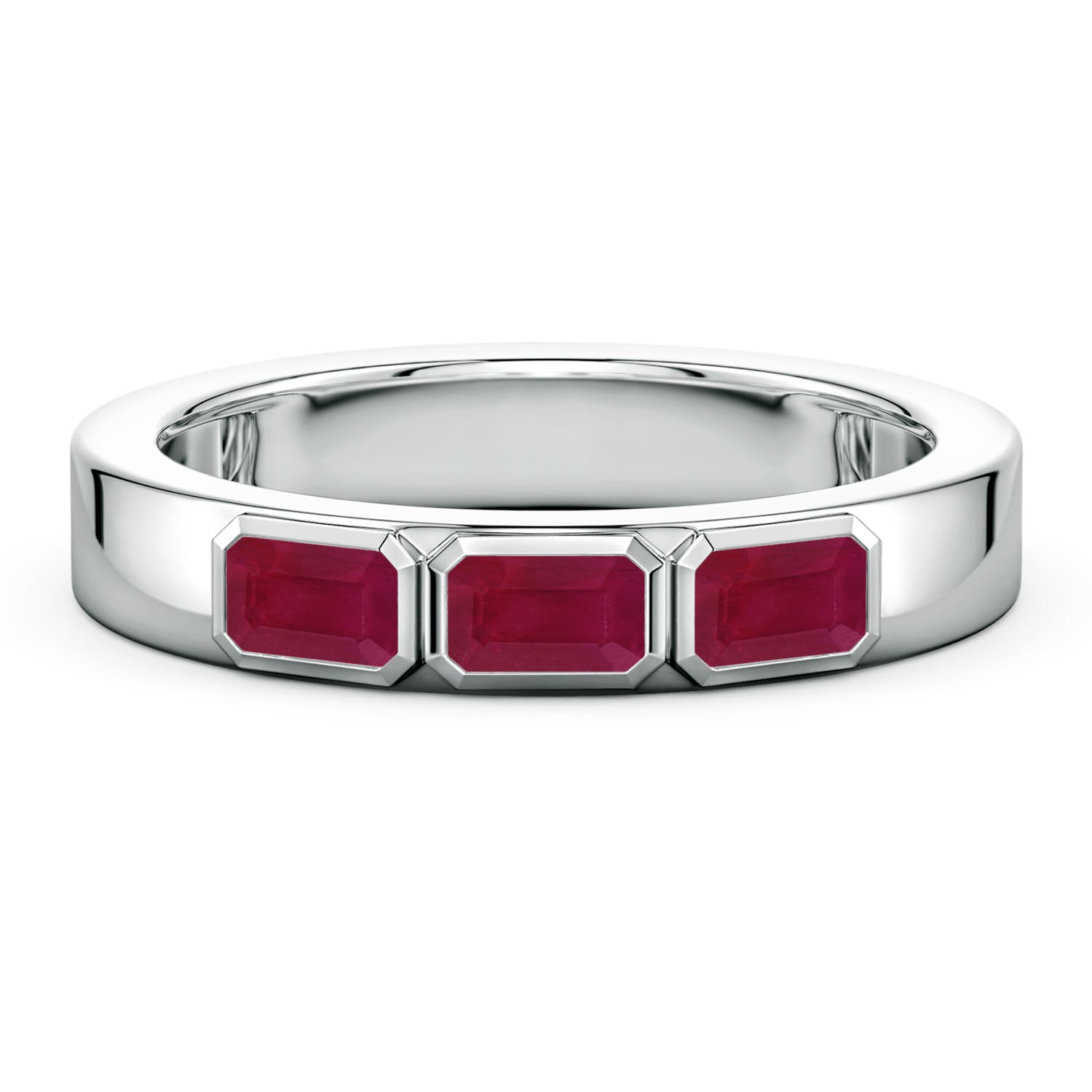 East-West Emerald-Cut Ruby Men’s Three Stone Ring