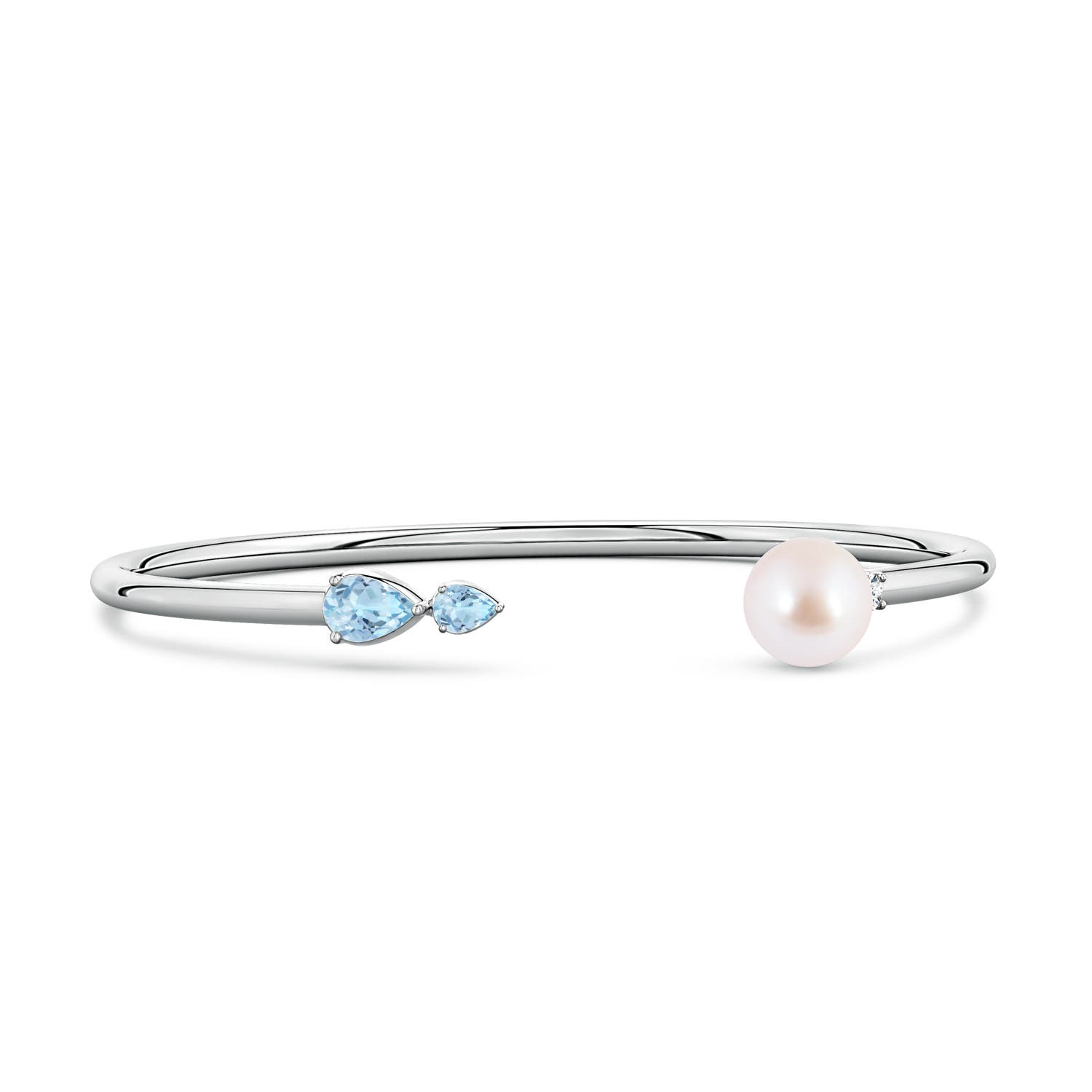 Akoya Pearl and Horizontal Pear Aquamarine Open Flex Cuff Bracelet