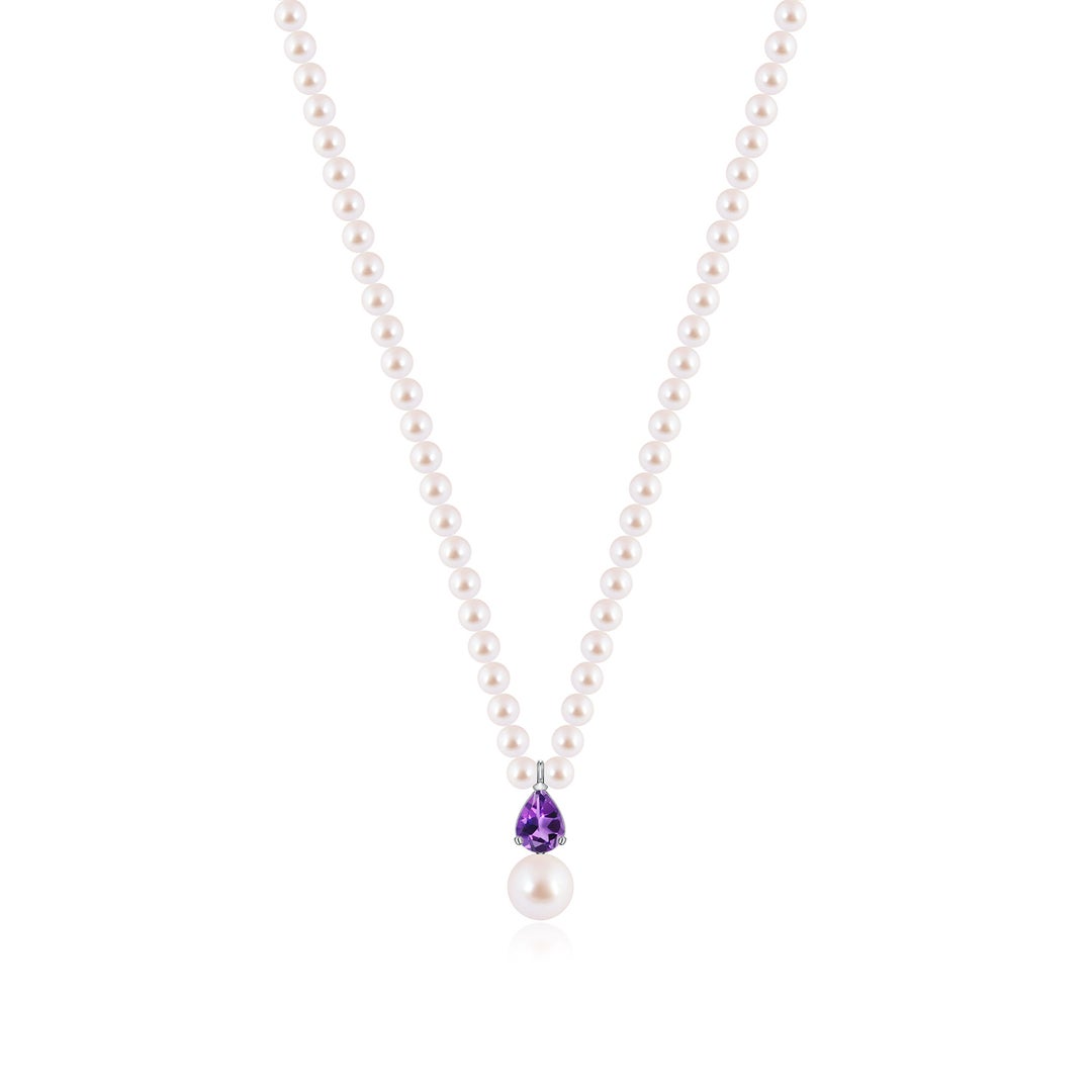 Single Strand Akoya Pearl and Pear Amethyst Necklace | Belgium