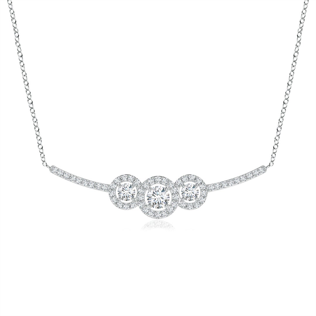 3.6mm GVS2 Three Stone Diamond Halo Curved Bar Pendant in White Gold