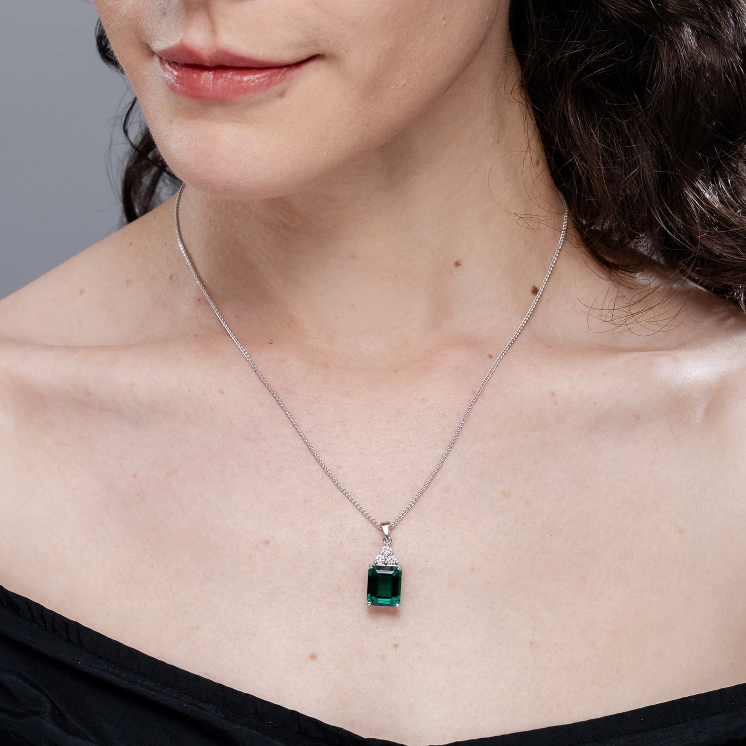 Lab-Grown Emerald-Cut Emerald Pendant with Lab Diamond Trio