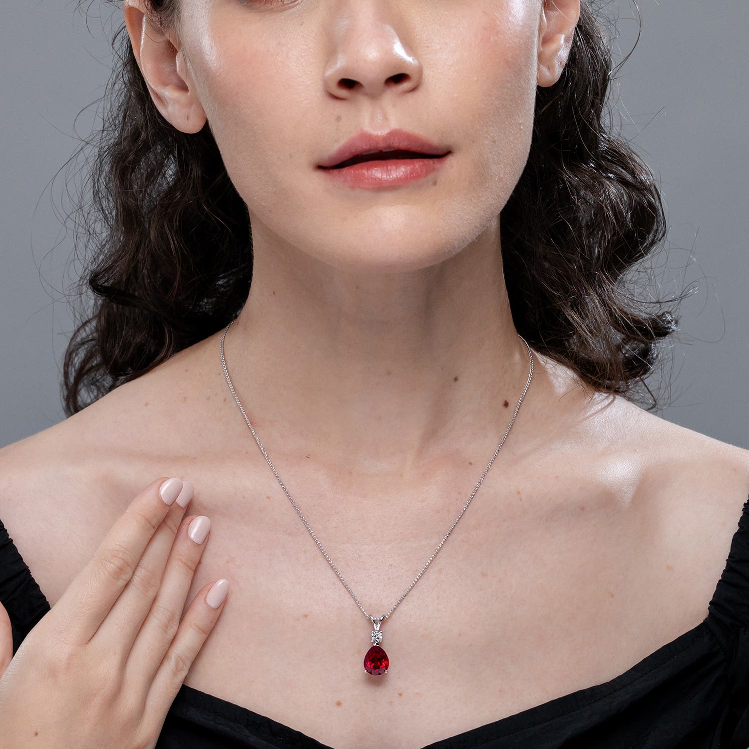 Prong-Set Lab-Grown Ruby Teardrop V-Bale Pendant with Diamond