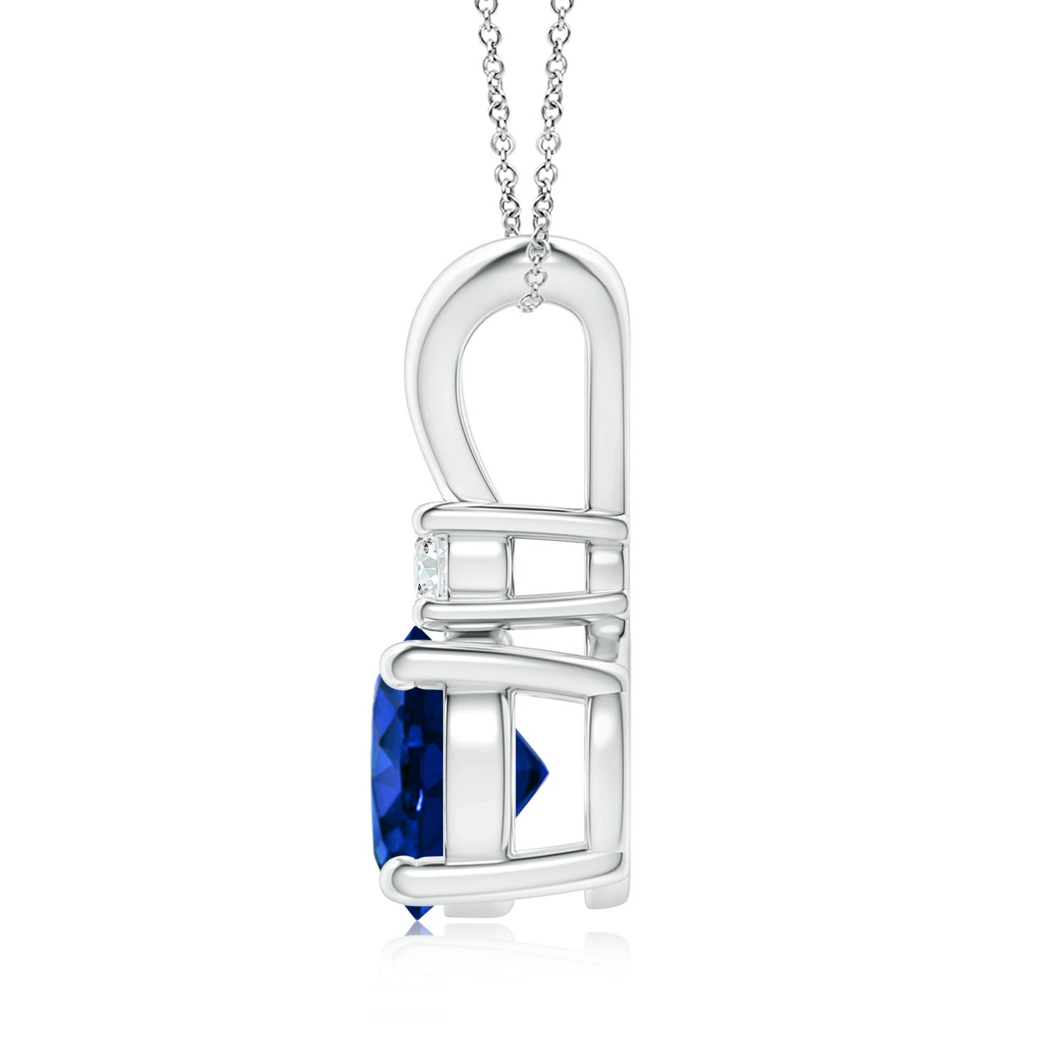 Lab-Grown Round Blue Sapphire Solitaire V-Bale Pendant with Lab Diamond