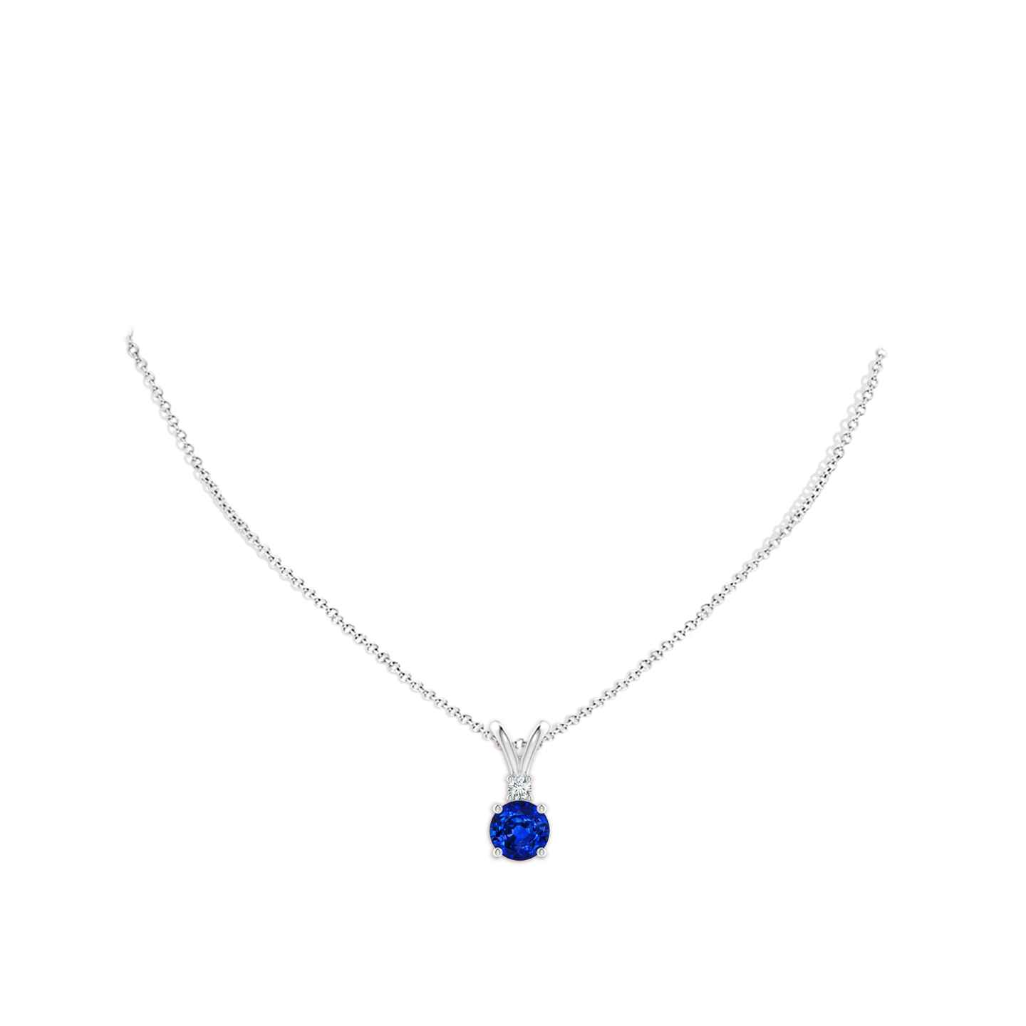 Lab-Grown Round Blue Sapphire Solitaire V-Bale Pendant with Lab Diamond