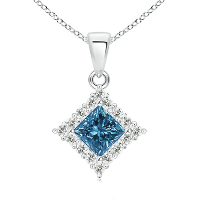 Classic Princess-Cut Blue Diamond Pendant with Halo