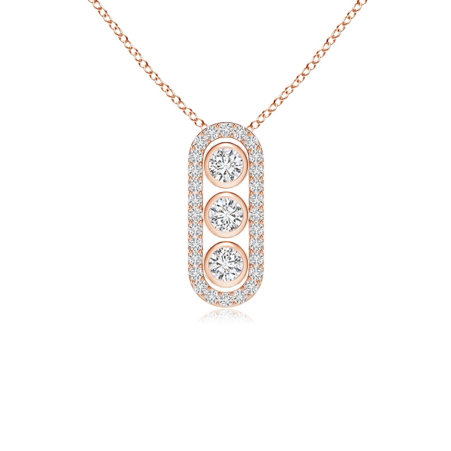 3.6mm HSI2 Three Stone Diamond Halo Curved Bar Pendant in Rose Gold