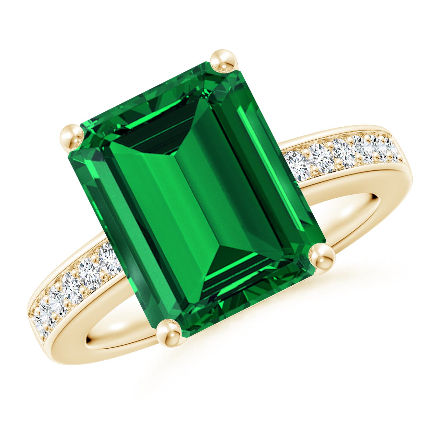 Prong-Set Emerald-Cut Lab-Grown Emerald Halo Engagement Ring