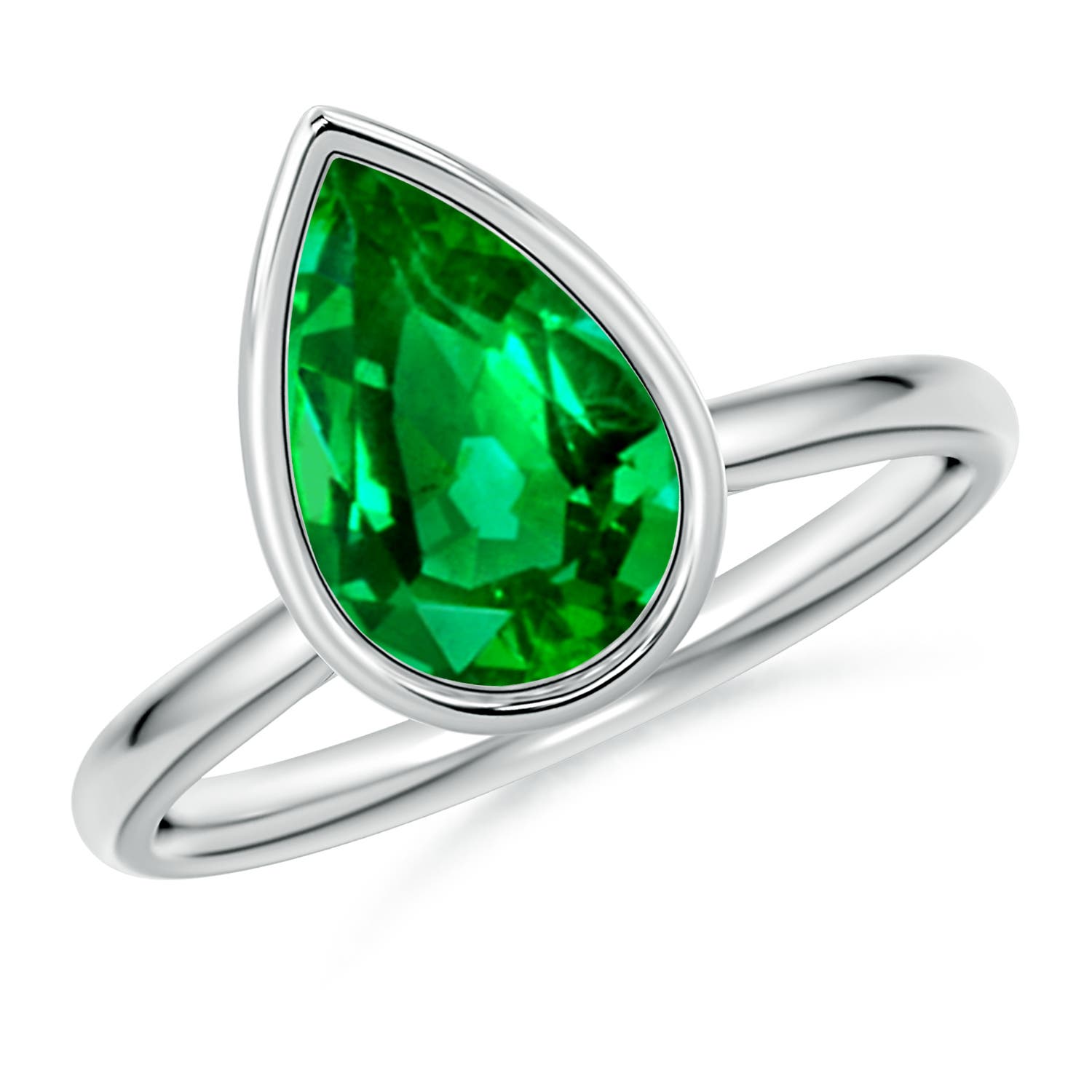 Bezel-Set Pear Lab-Grown Emerald Solitaire Engagement Ring