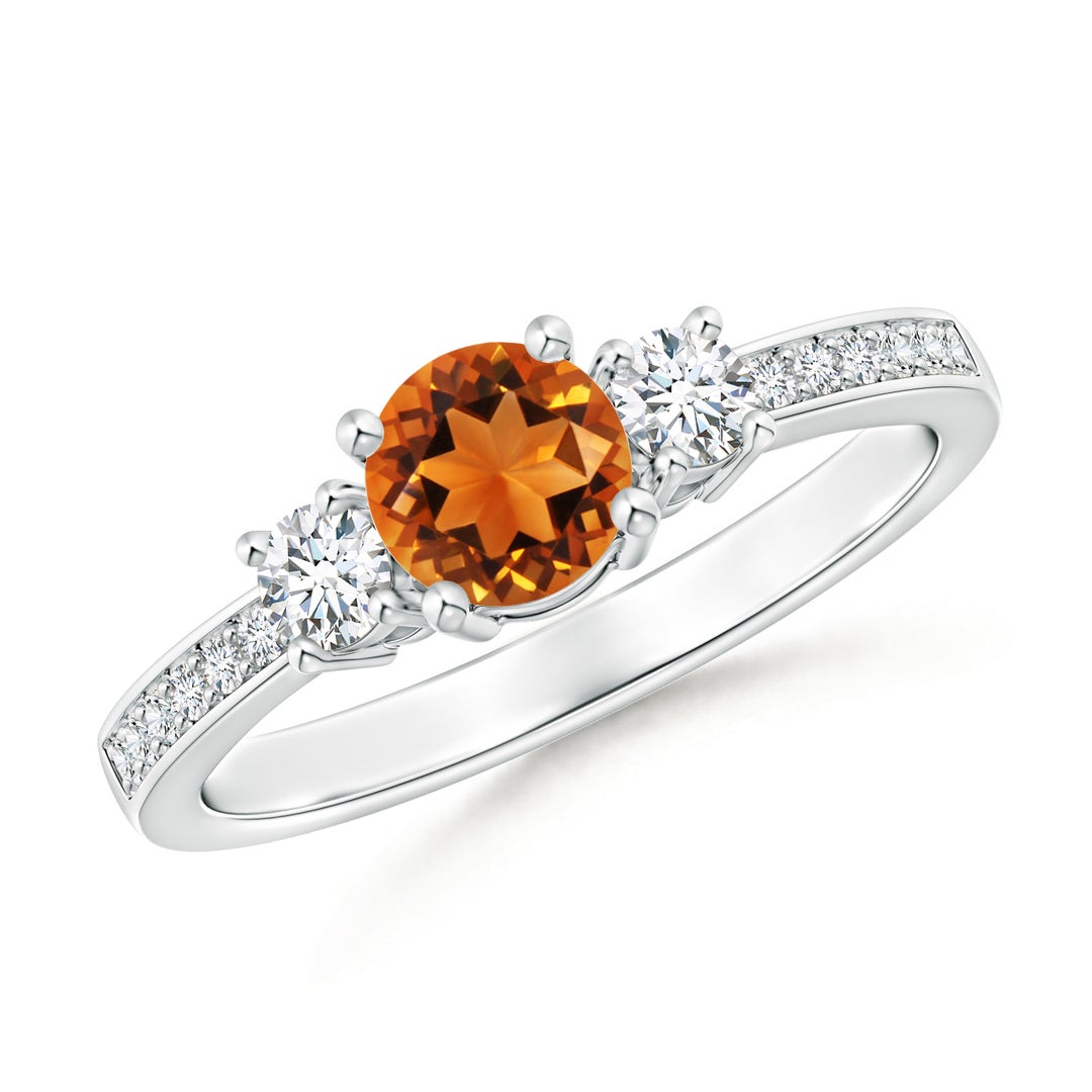 Classic Three Stone Round Citrine and Diamond Ring