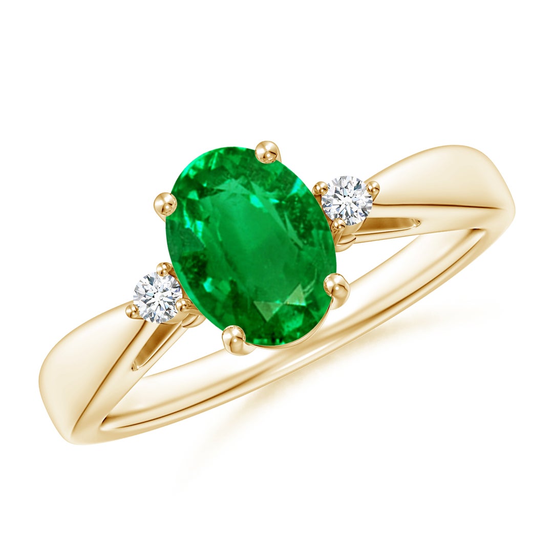 Lab-Grown Tapered Shank Emerald Solitaire Engagement Ring with Diamond ...