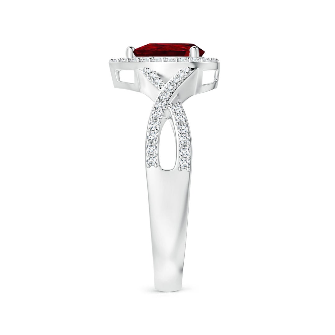 Twist Shank Pear Ruby Engagement Ring with Diamond Halo