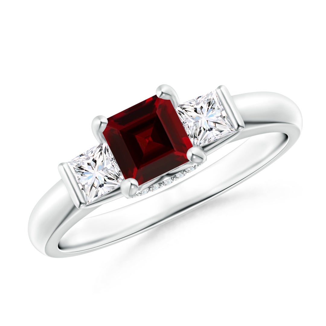 Classic Three Stone Square Garnet and Princess Diamond Engagement Ring
