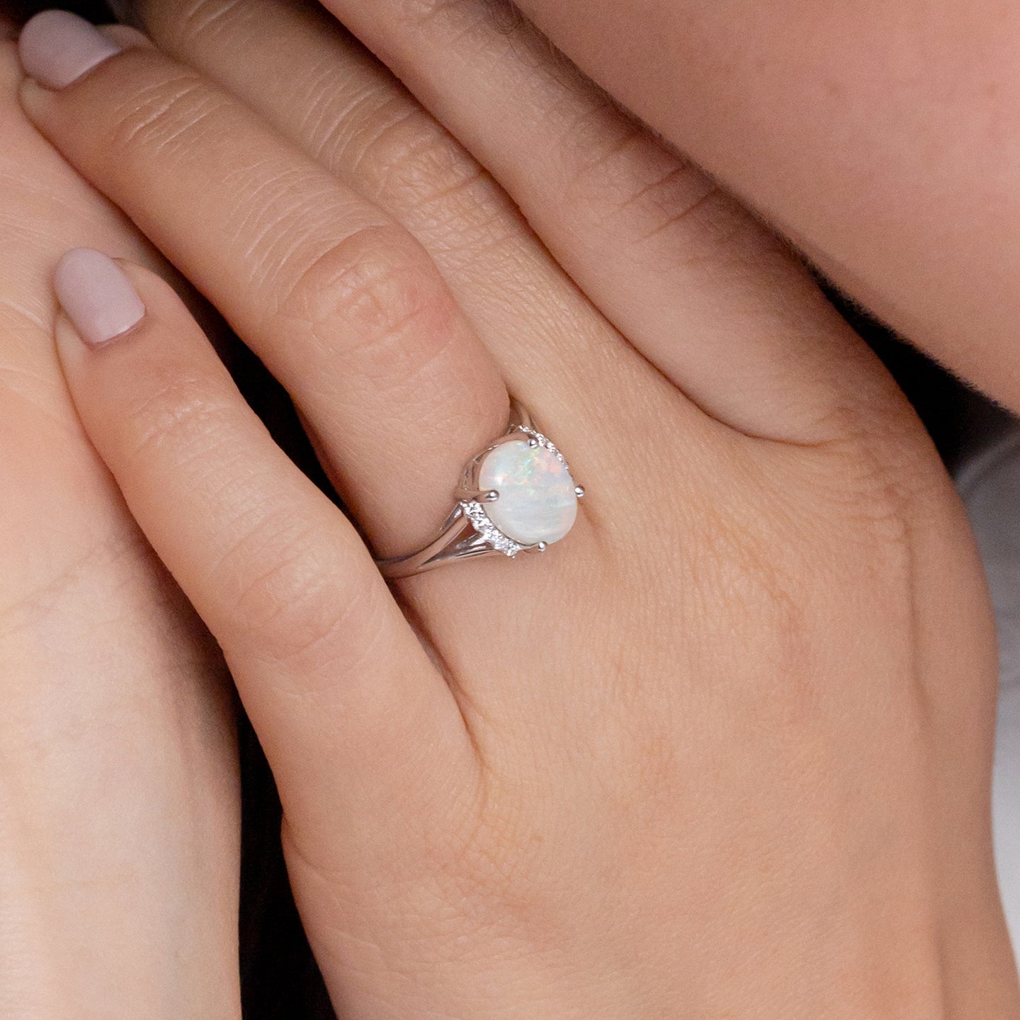 Oval Opal Split Shank Ring with Diamond Collar