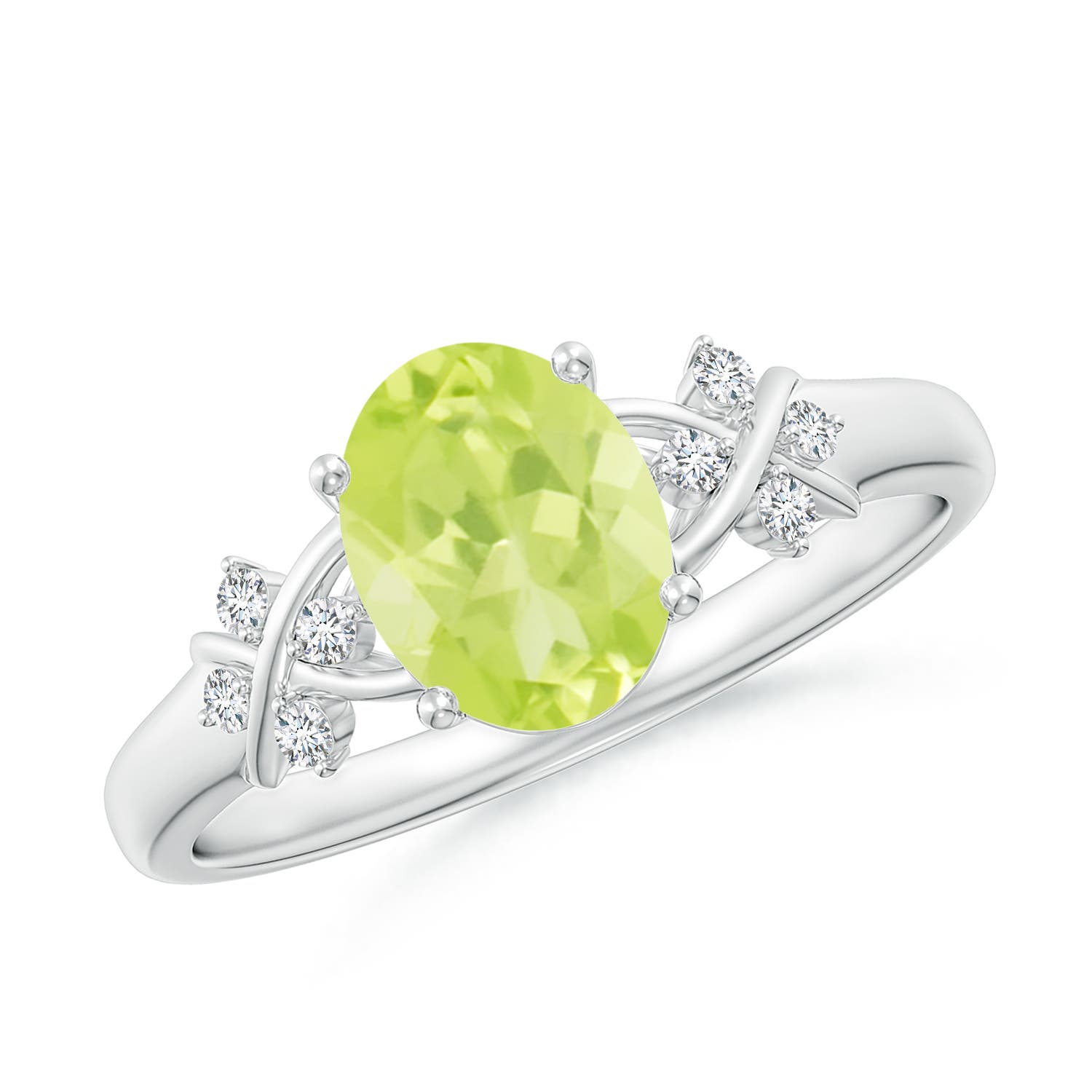 Solitaire Oval Peridot Criss Cross Ring with Diamonds