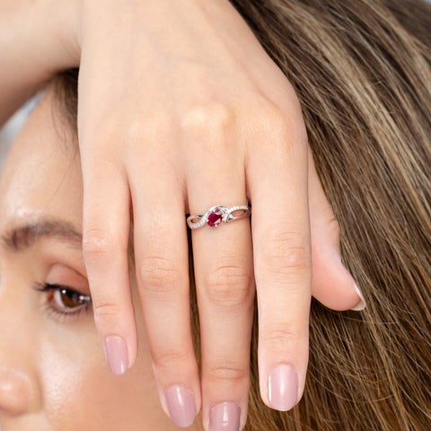Solitaire Oval Ruby Twisted Ribbon Engagement Ring with Pave Diamond ...