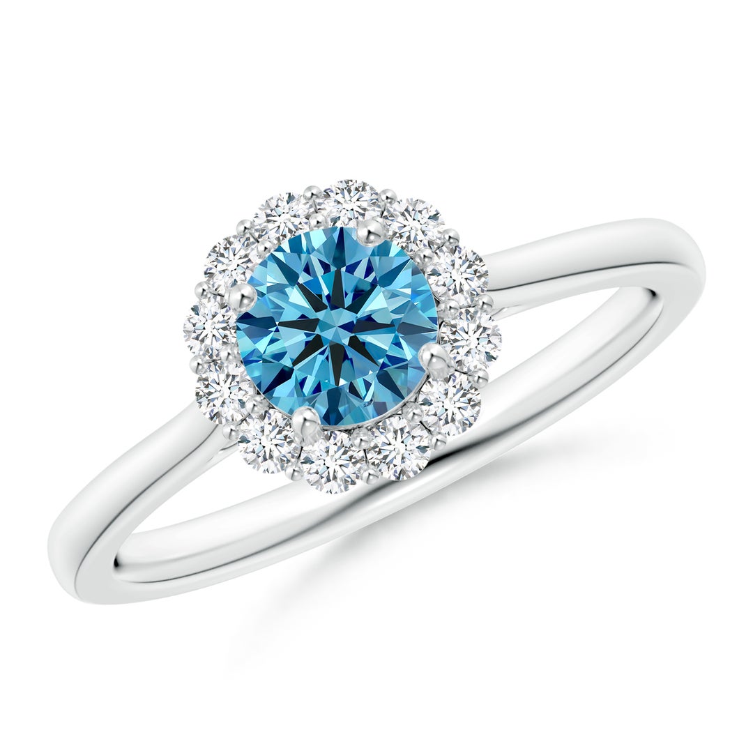 Classic Round Fancy Intense Blue Diamond Scalloped Halo Engagement Ring