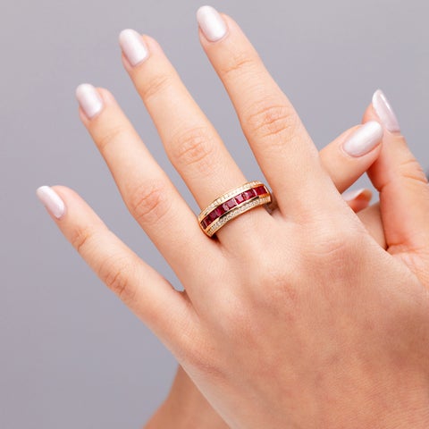 Channel-Set Square Ruby and Diamond Half Eternity Band