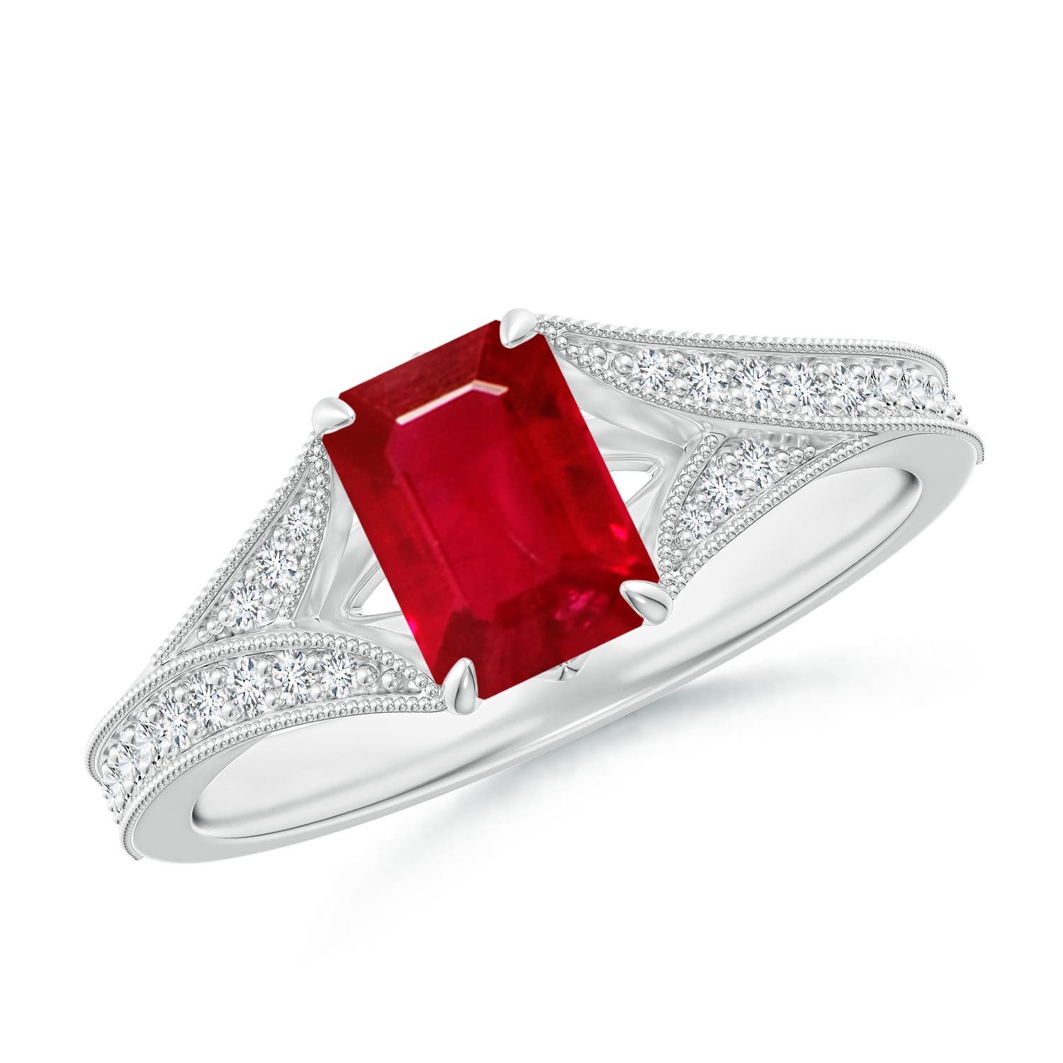 Vintage Style Emerald-Cut Ruby Split Shank Halo Ring