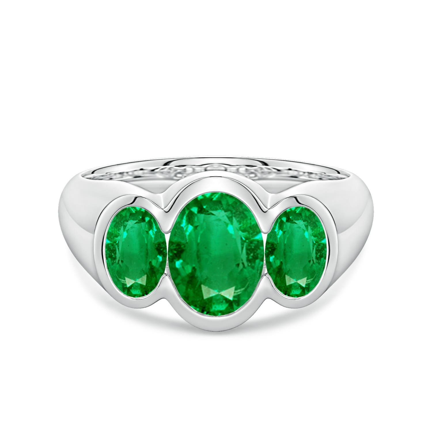 Flush-Set Oval Emerald Three-Stone Engagement Ring