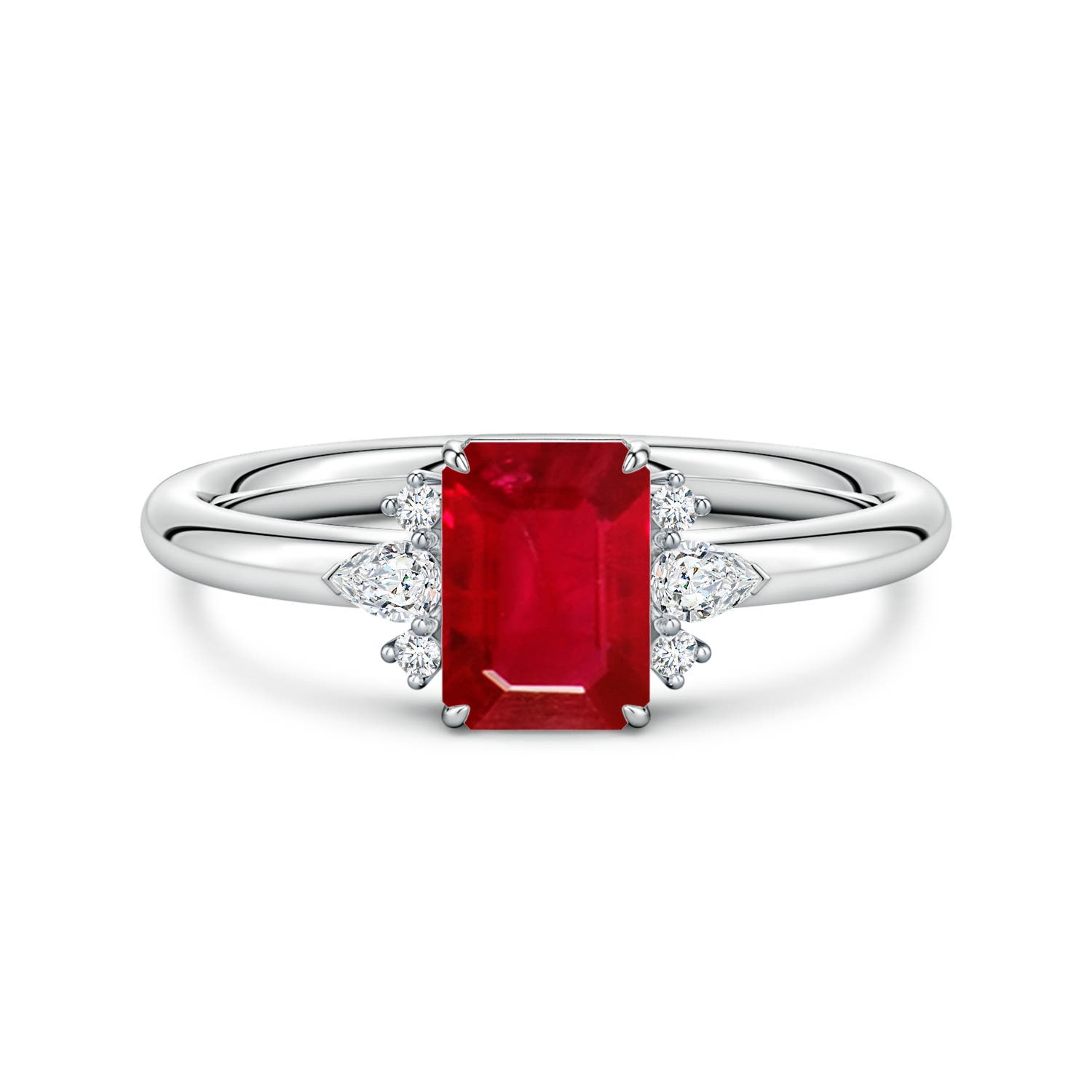 Four-Claw Prong Emerald-Cut Ruby Side Stone Engagement Ring