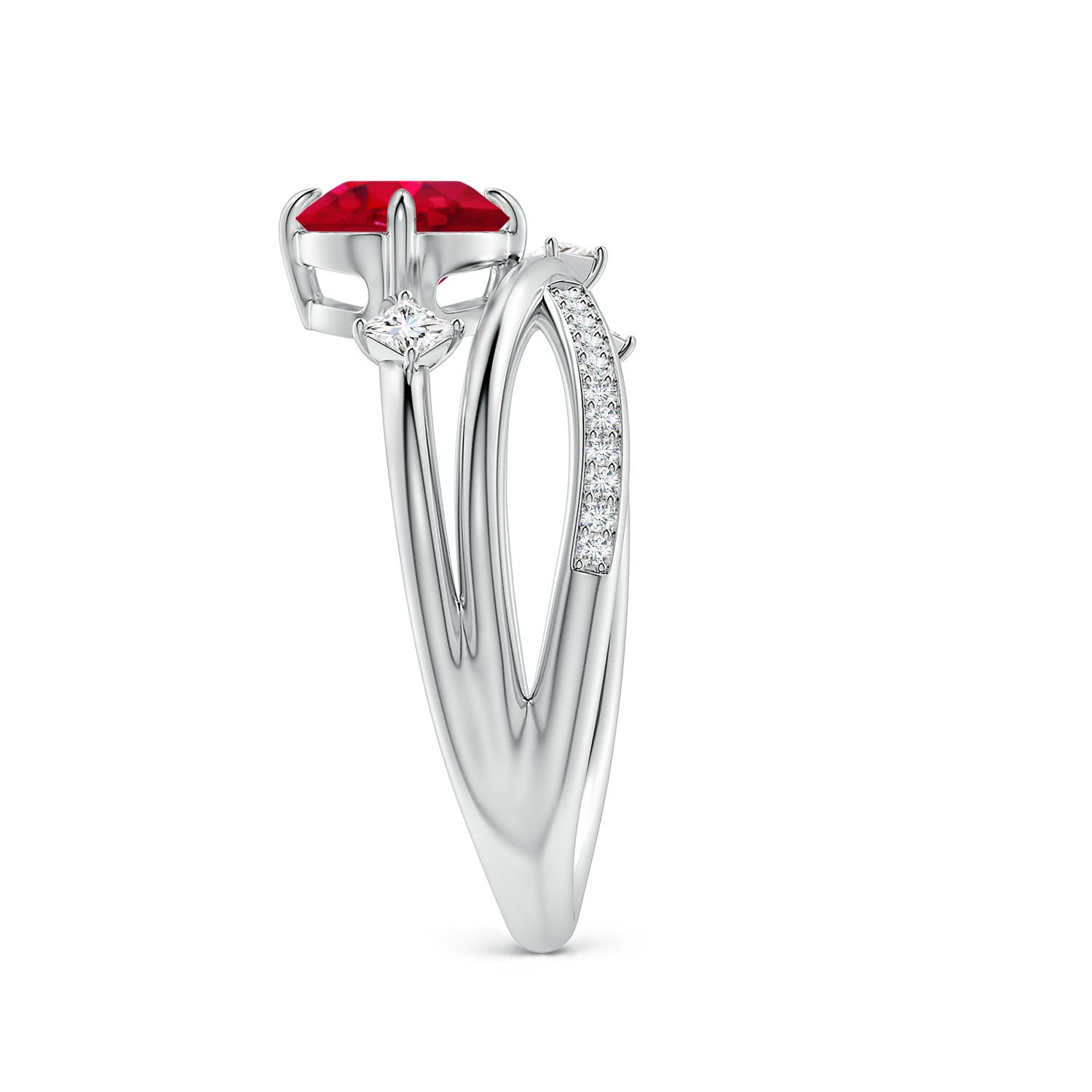 Round Ruby Crossover Engagement Ring with Scattered Accents