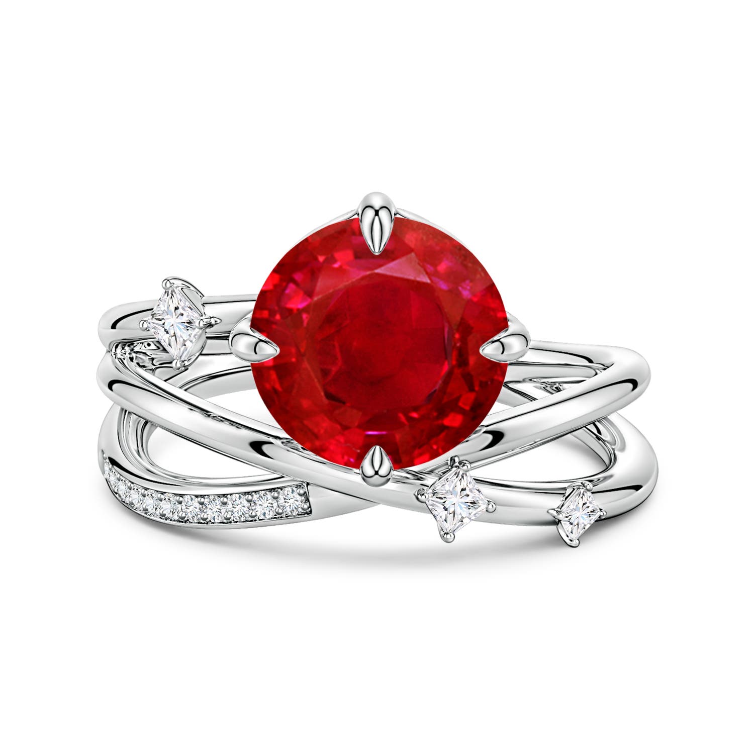 Round Ruby Crossover Engagement Ring with Scattered Accents