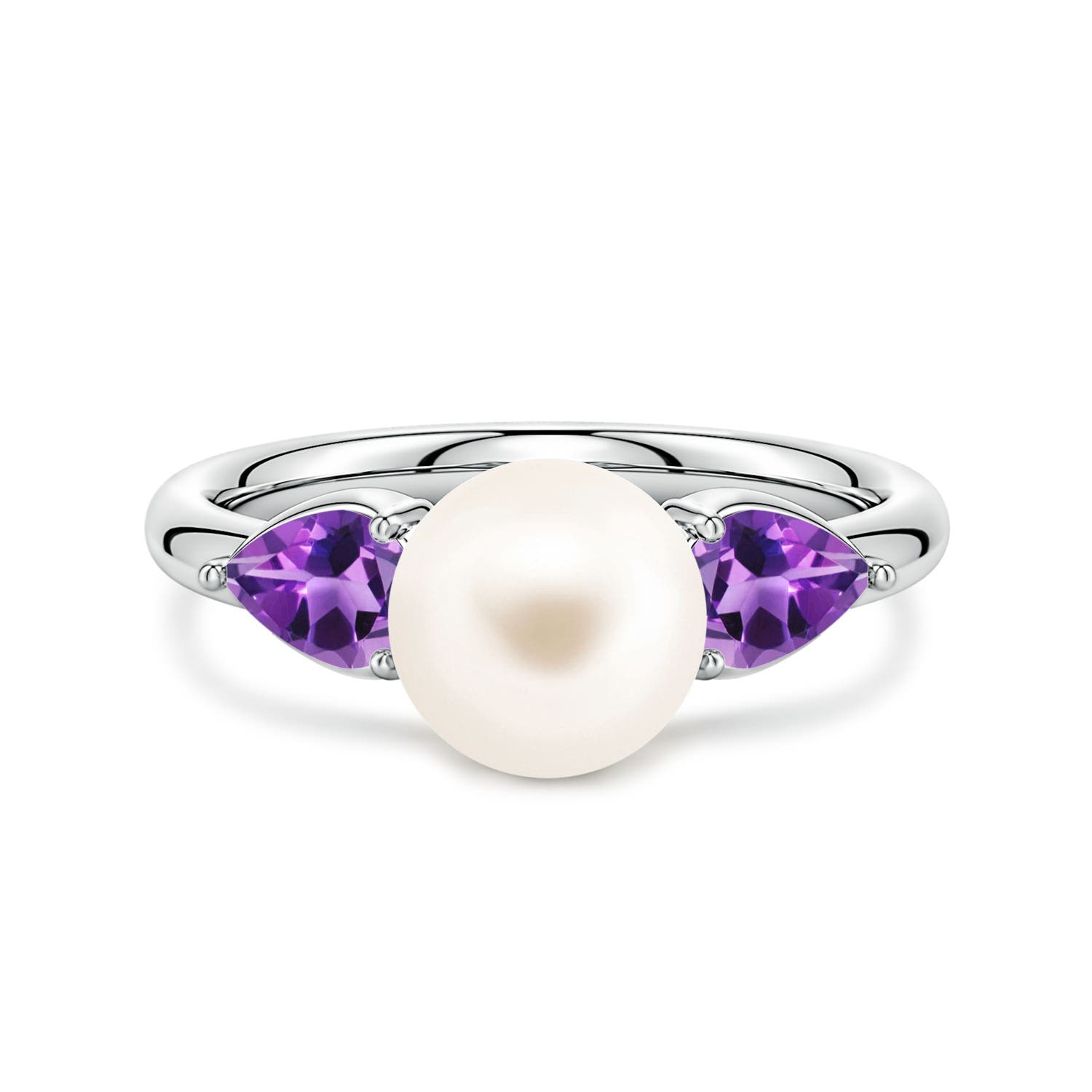 Freshwater Pearl and Horizontal Pear Amethyst Side Stone Ring