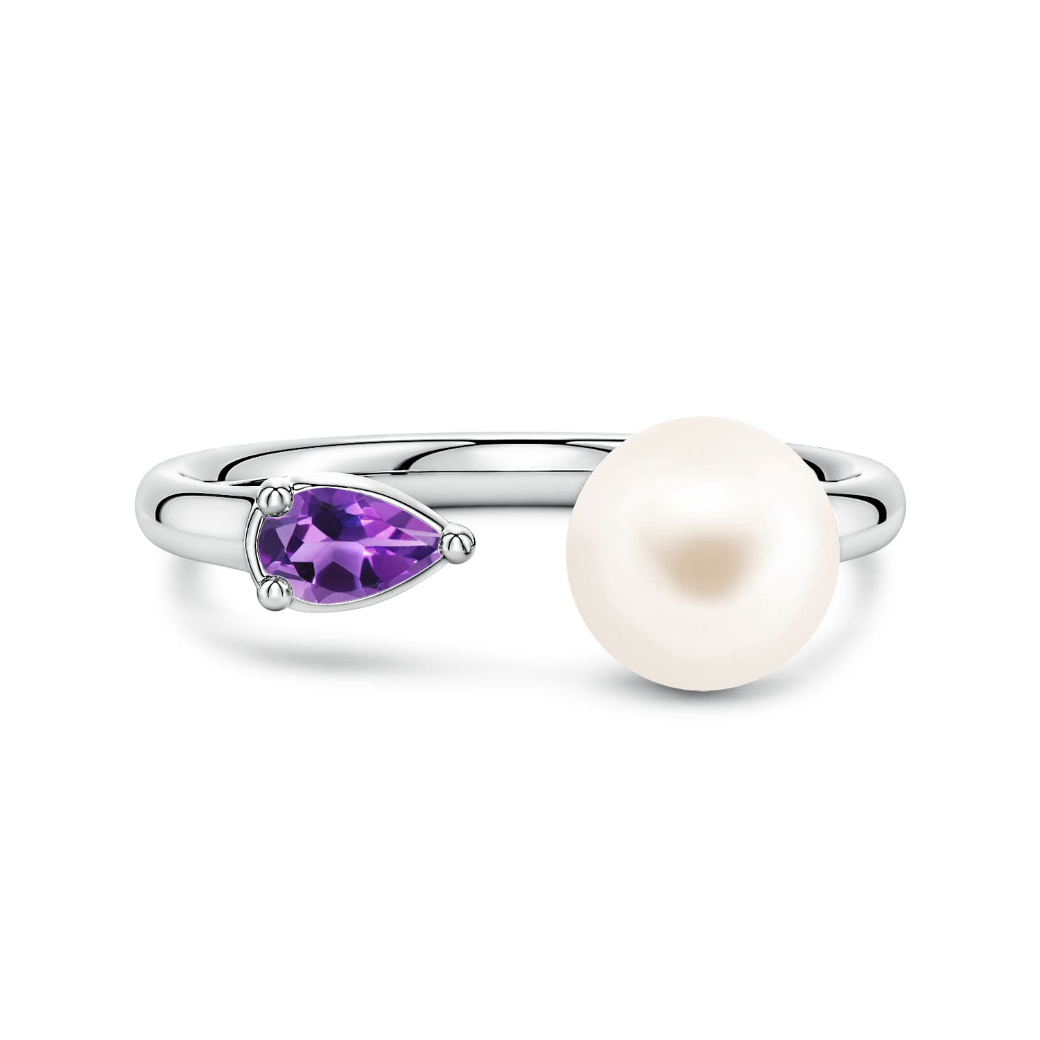 Freshwater Pearl and Horizontal Pear Amethyst Open Ring