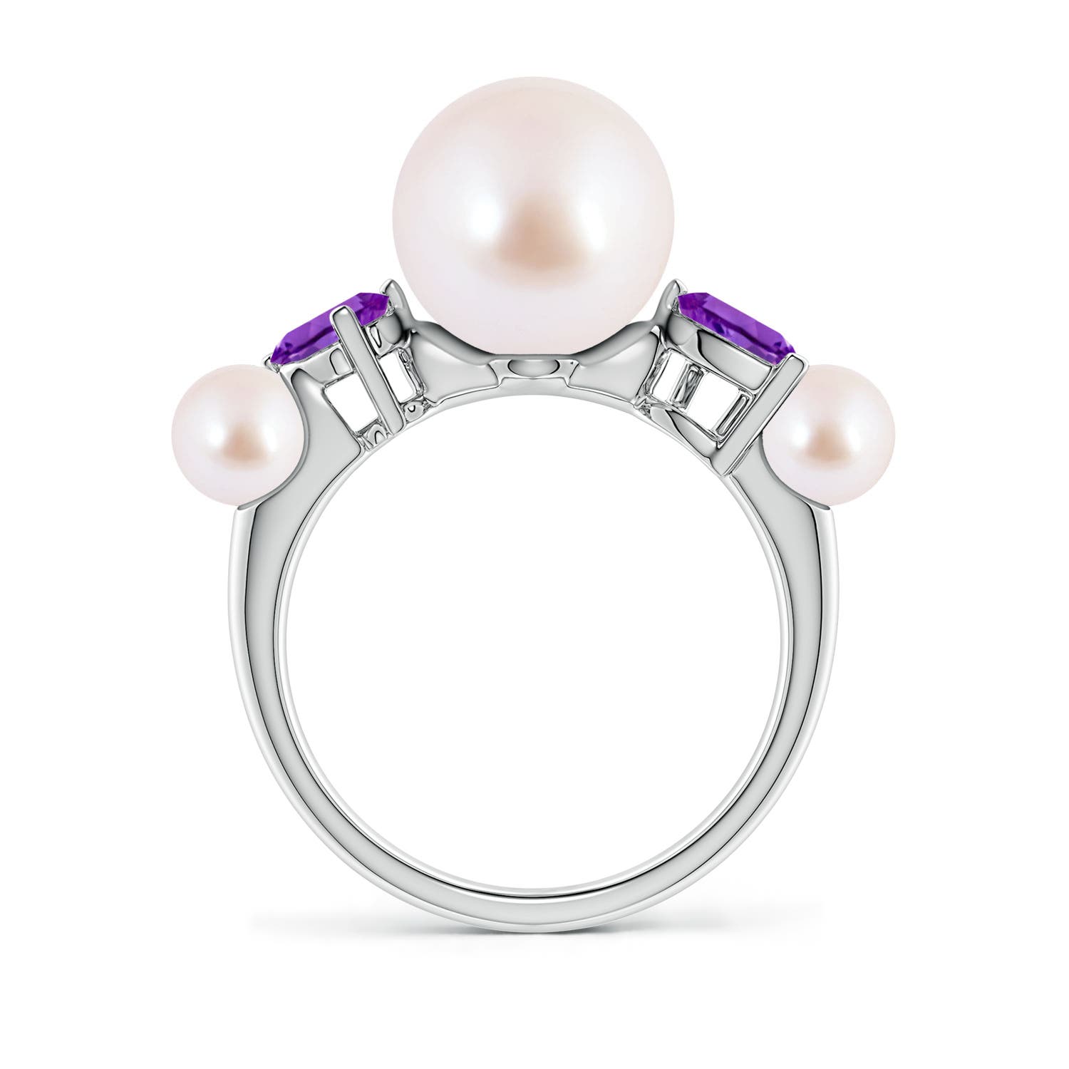 Akoya Pearl and Tilted Pear Amethyst Tapered Shank Ring